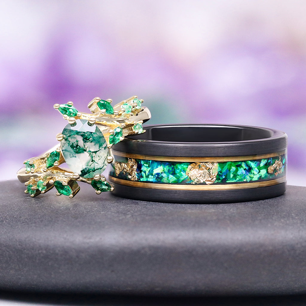 Vintage Inspired Green Moss Agate His & Hers Ring Set | Nature-Inspired ...
