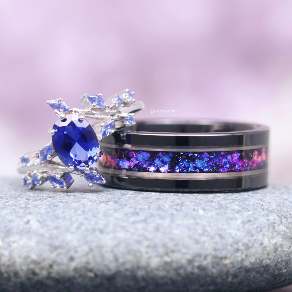 Orion Nebula™ & Cornflower Sapphire Leaf Couples Ring Set – Aquamarise