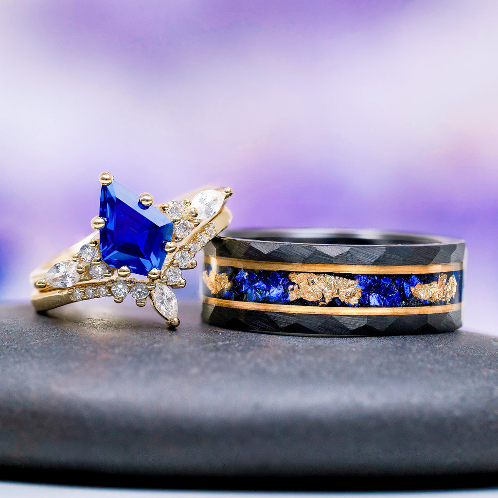 Skye Kite® Blue Sapphire & Gold Leaf Couples Ring Set – Aquamarise