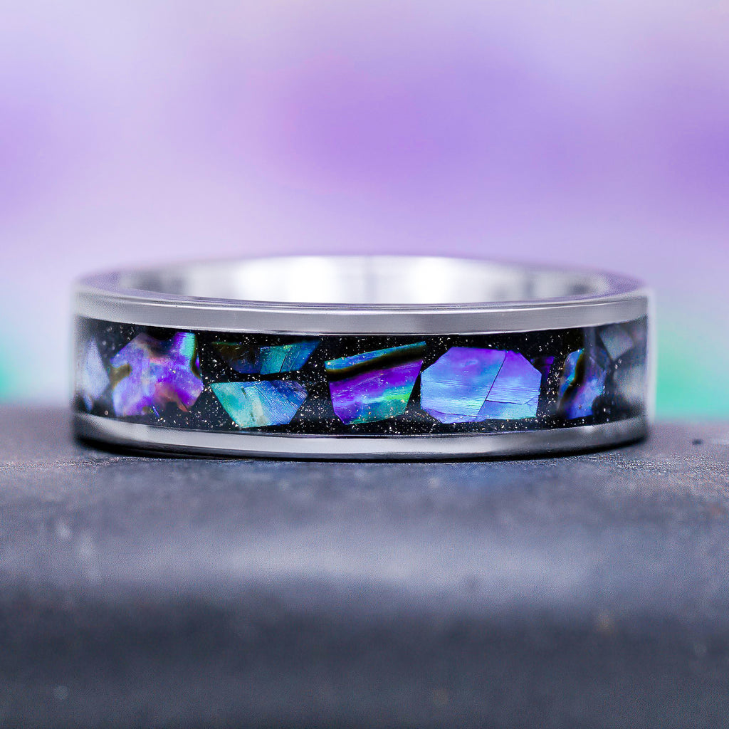 Natural Paula Shell & Galaxy Blue Sandstone Men's Wedding Band – 6mm ...