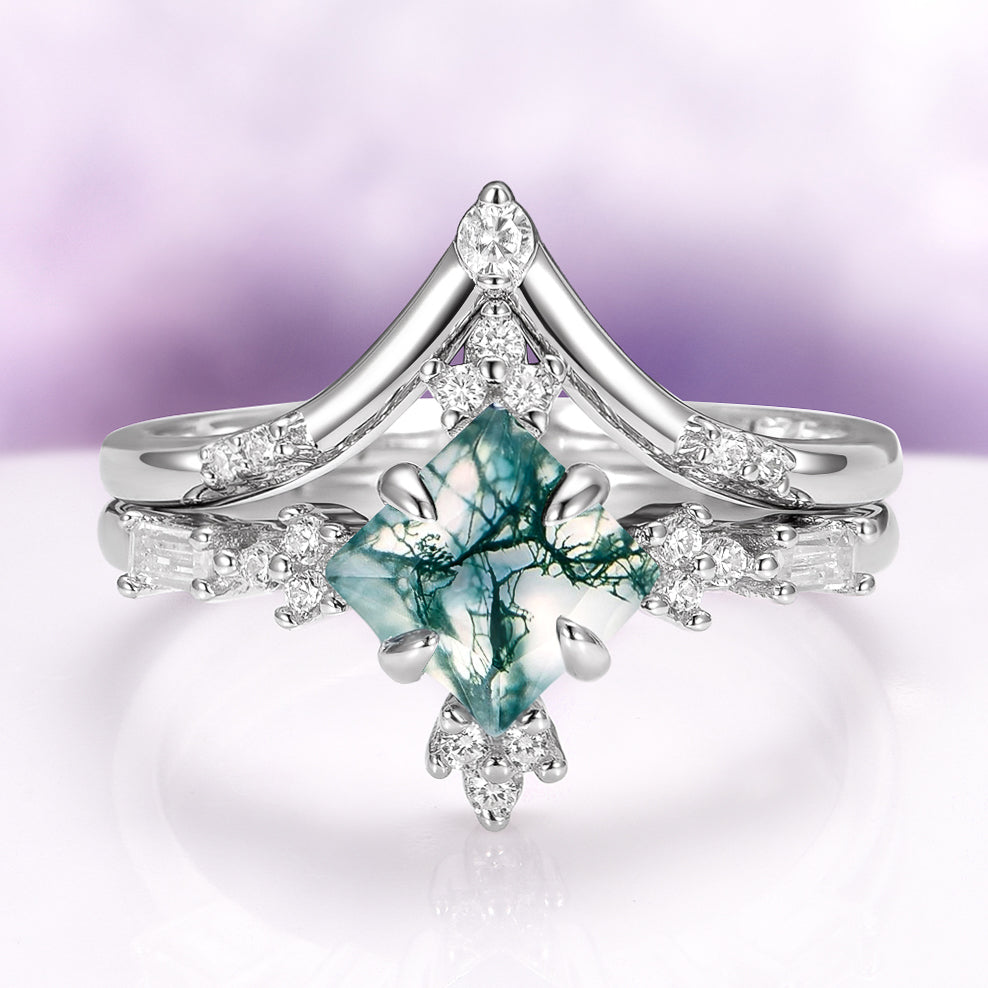 Princess Cut Natural Moss Agate Engagement Ring Set in 14K White Gold ...