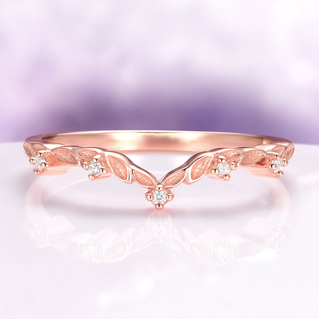 Filigree Leaf Diamond Wedding Band in 14K Rose Gold Vermeil, Elvish ...