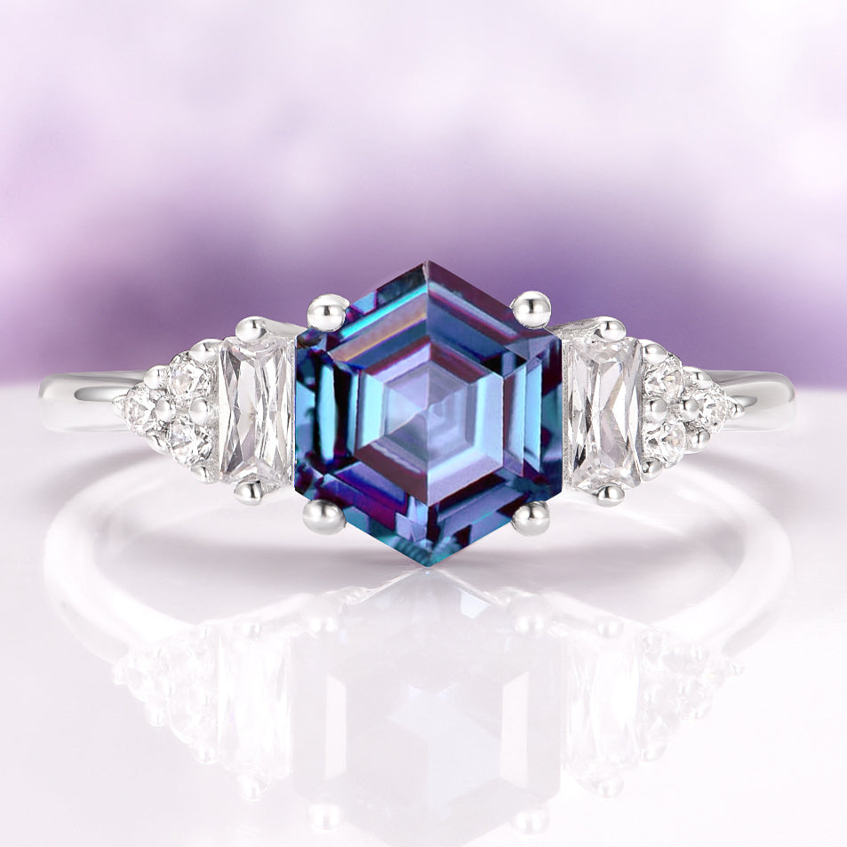 Hexagon Alexandrite Ring – Sterling Silver Fantasy Engagement Ring ...