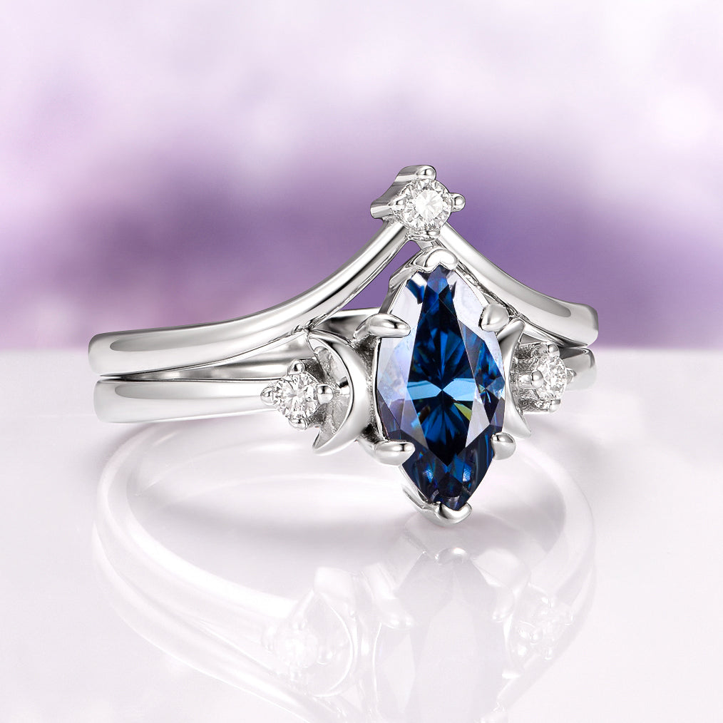 Crescent Moon Blue Moissanite Engagement Ring Set | 925 Sterling Silver ...