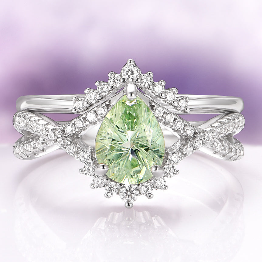 Alice Fireworks Cut Light Green Sapphire Engagement Ring Set in Sterli ...