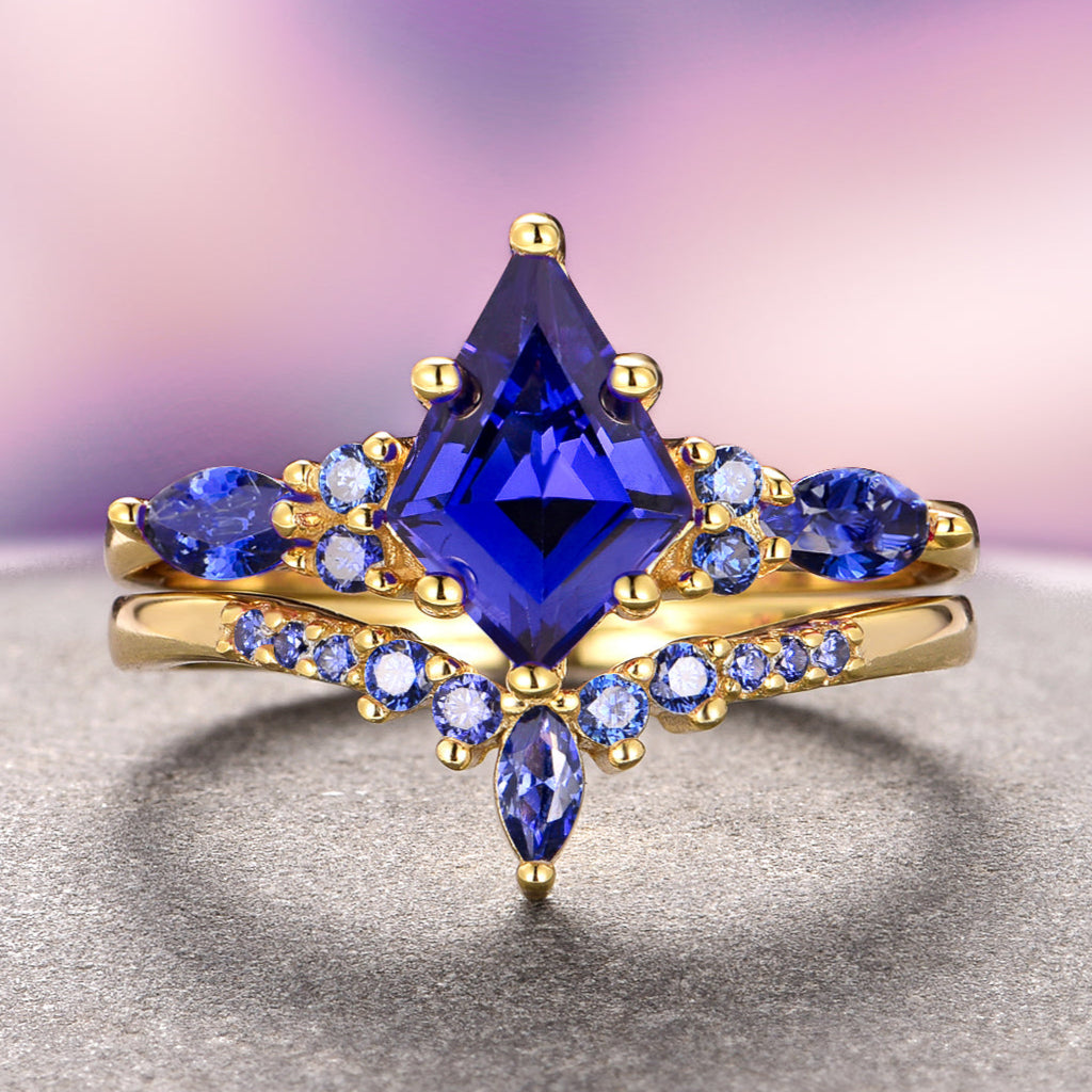 Skye Kite® Blue Sapphire Ring Set- 14K Solid Yellow Gold – Aquamarise