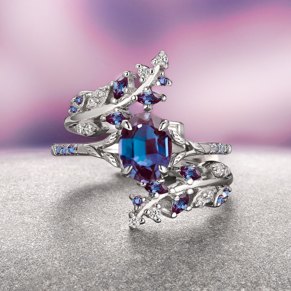 Alexandrite Leaf Engagement Ring Set- 14K White Gold (Two Piece ...