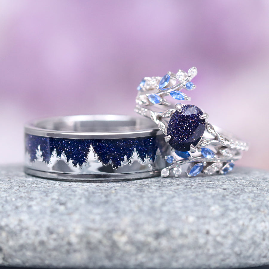 Starry Night & Trees Couples Ring Set, ACOTAR Wedding Rings – Aquamarise