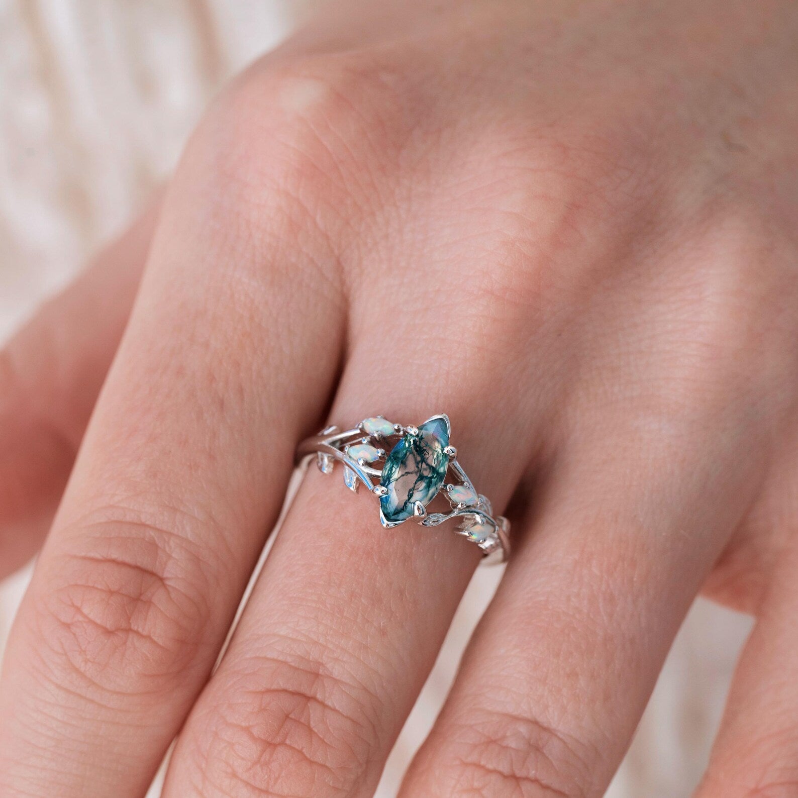 Moss Agate & Fire Opal Engagement Ring | 14K White Gold Fairy Ring ...