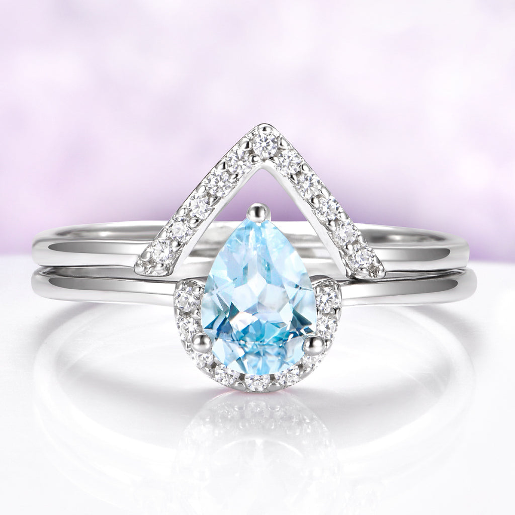 Aquamarine & Diamond Stacking Ring Set | Pear Cut | Sterling Silver ...