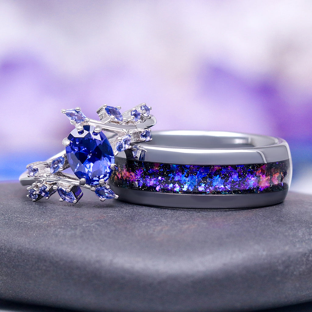 Cornflower Sapphire and Galaxy Orion Nebula™ Matching Couples Ring Set ...