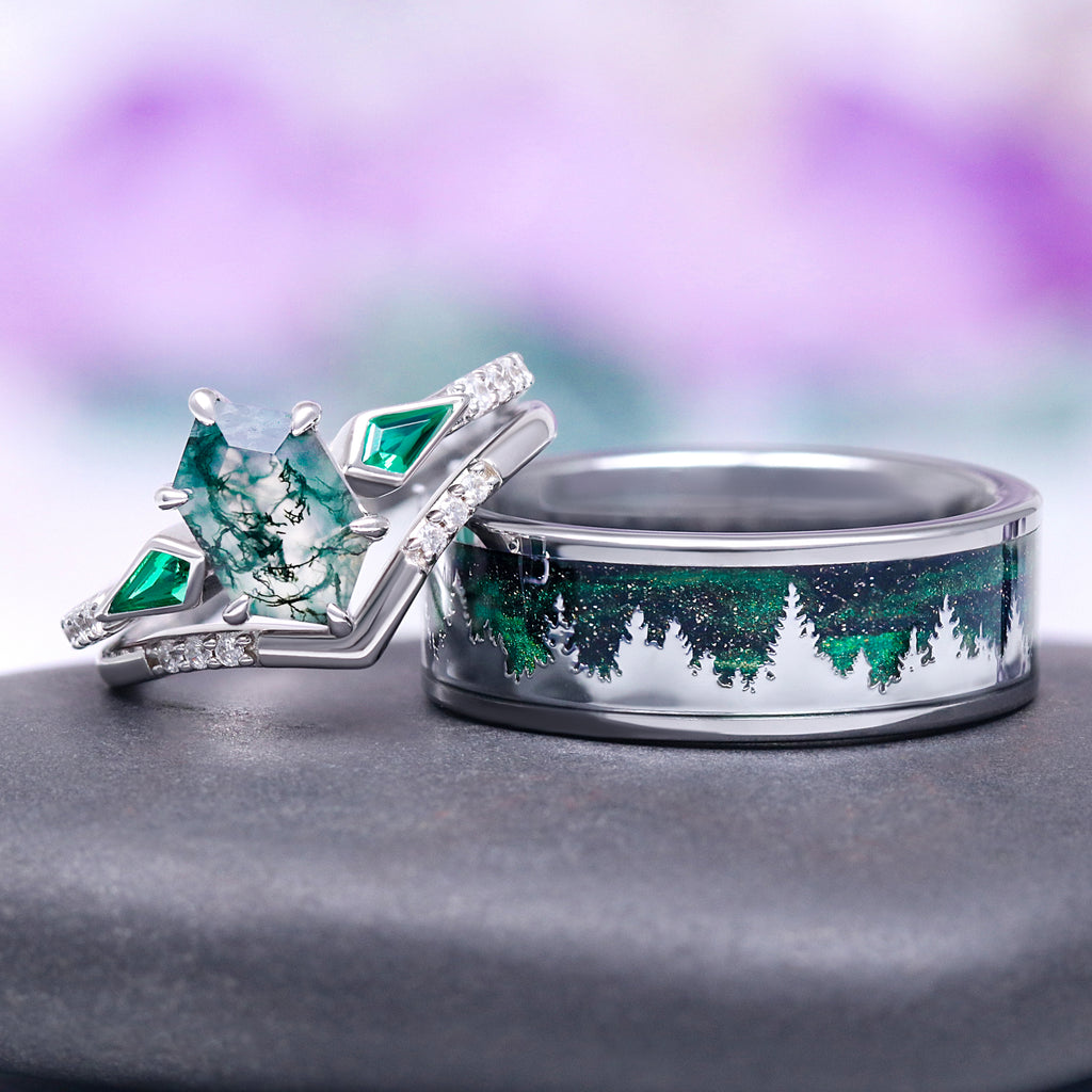 Moss Agate Matching Rings, Northern Lights Woodland Couples Ring Set ...