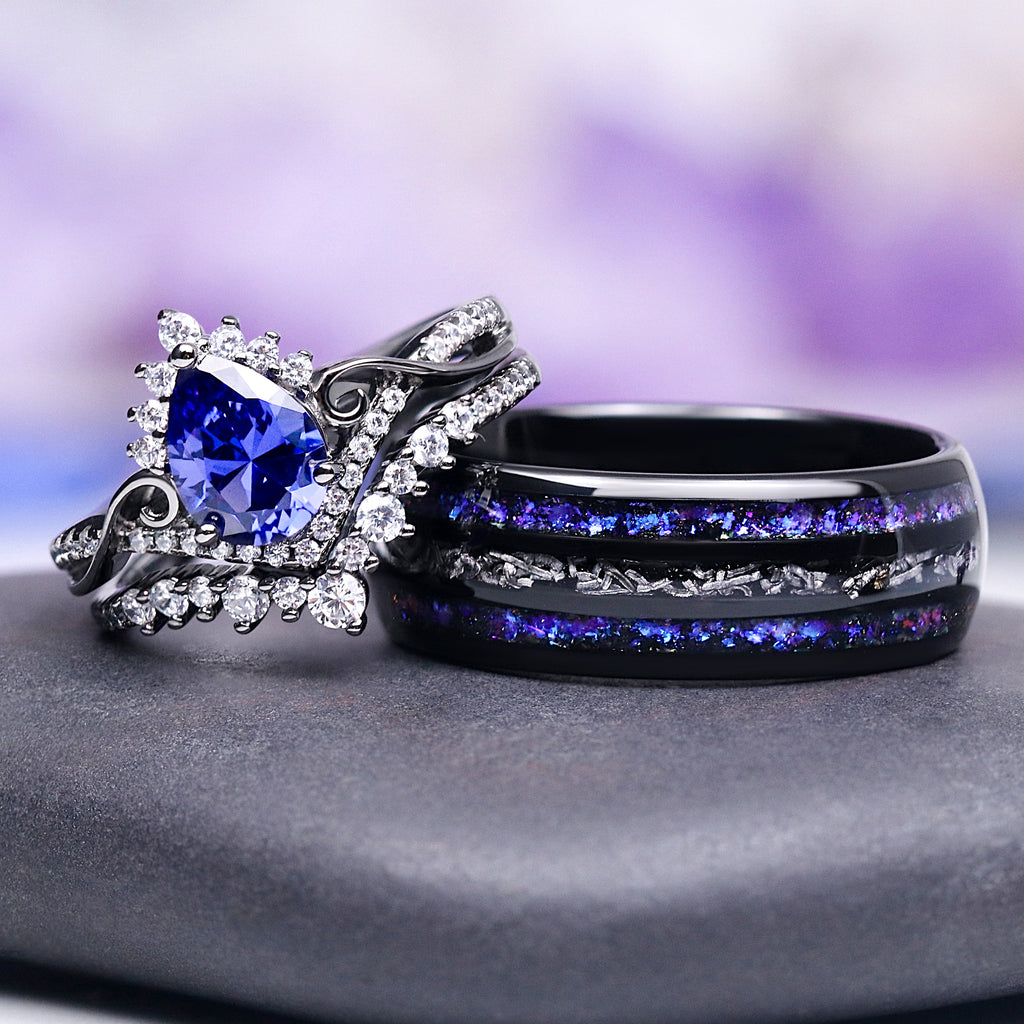 Faye Galaxy Orion Nebula™ & Sapphire Couples Ring Set, Galaxy wedding ...