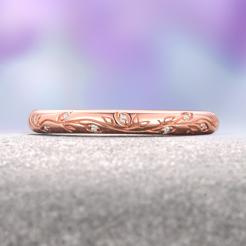 2.5mm Natural Diamond Leaf Vine Wedding Band in Solid 14K Rose Gold ...