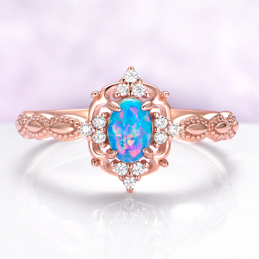14K Solid Rose Gold Blue Fire Opal Engagement Ring – Aquamarise