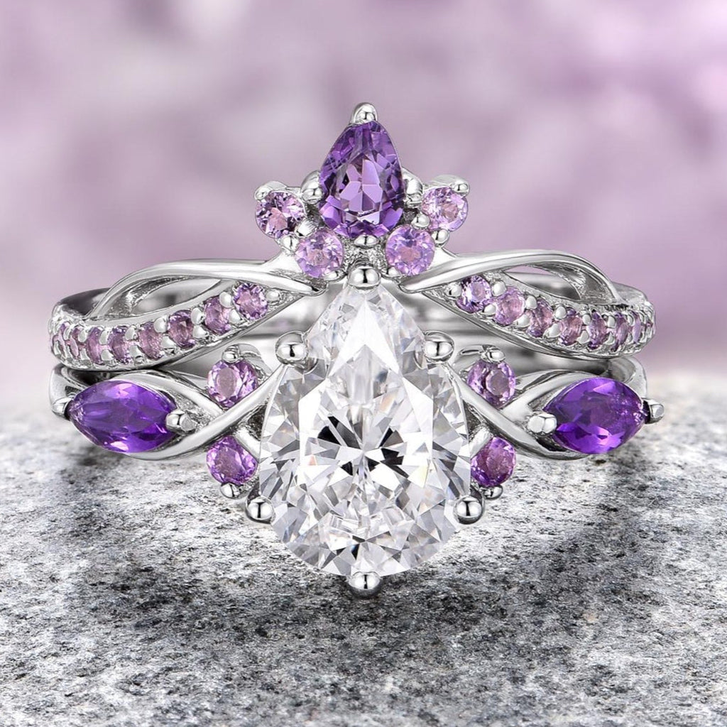 Feyra Lab-Grown Diamond & Amethyst Ring Set- 14K White Gold (IGI Certi ...