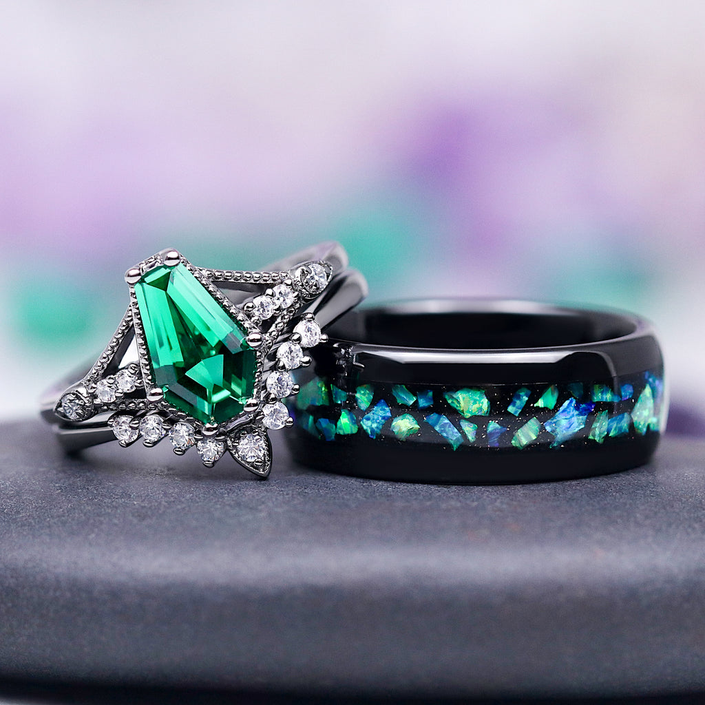 Lilith Coffin Cut Emerald & Green Fire Opal Couples Ring Set – Aquamarise