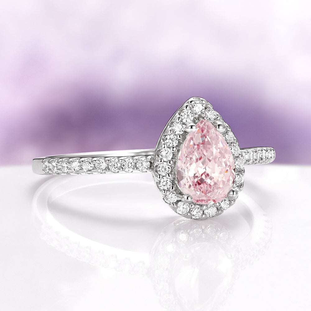 Pink pear morganite ring, 14k white gold halo, moissanite – Aquamarise