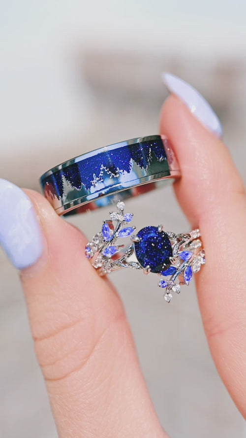 Starry Night & Trees Couples Ring Set, ACOTAR Wedding Rings – Aquamarise