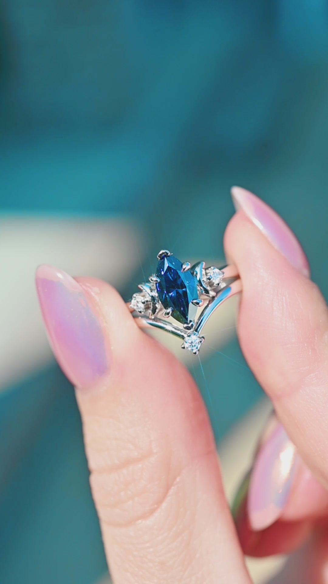 Crescent Moon Blue Moissanite Engagement Ring Set | 925 Sterling Silver ...