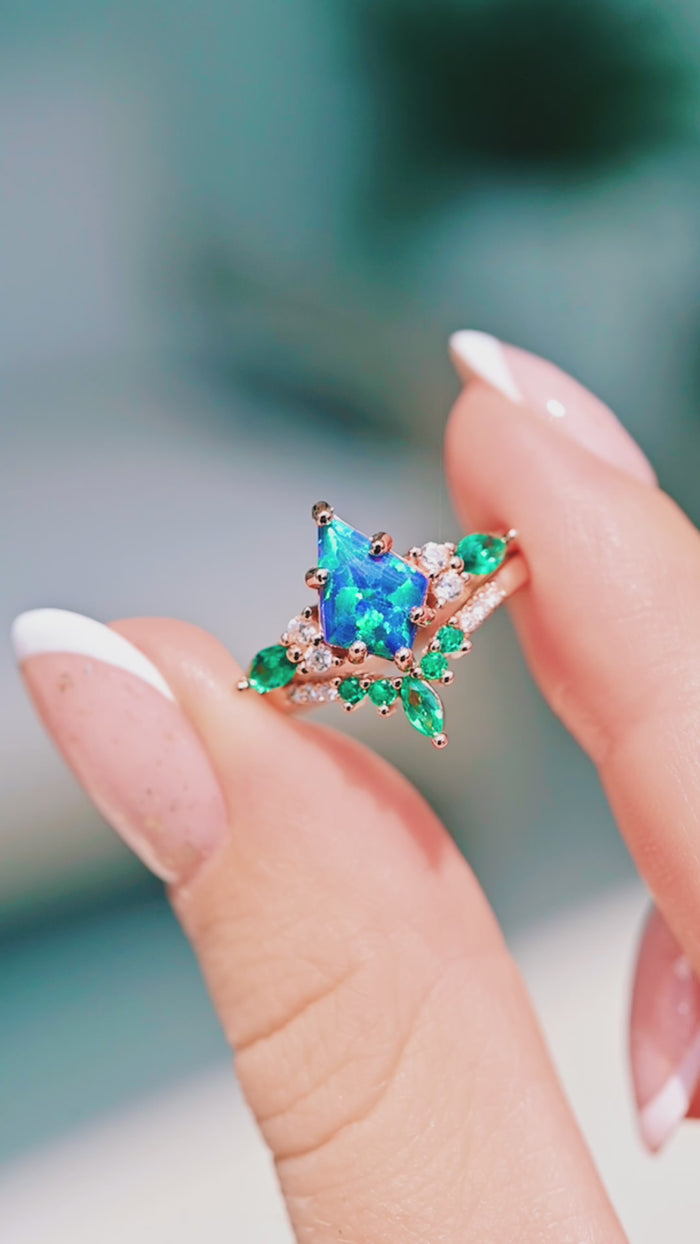 Skye Kite® Peacock Fire Opal & Emerald Engagement Ring Set in 14K Rose ...