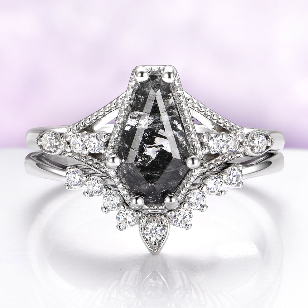 Coffin Cut Salt and Pepper Diamond Engagement Ring Set in 14K White ...